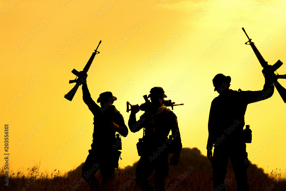 Silhouette of military soldier holding weapons overhead after get ...