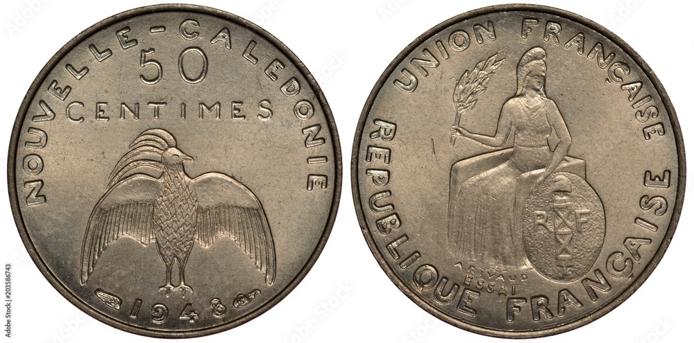 French New Caledonia coin 50 fifty centimes 1948, exotic bird below ...