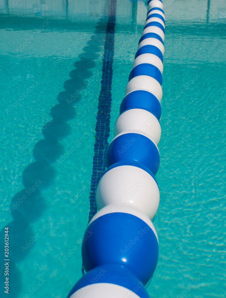 Swimming pool floats set up in sparkling blue water. Divider set to ...