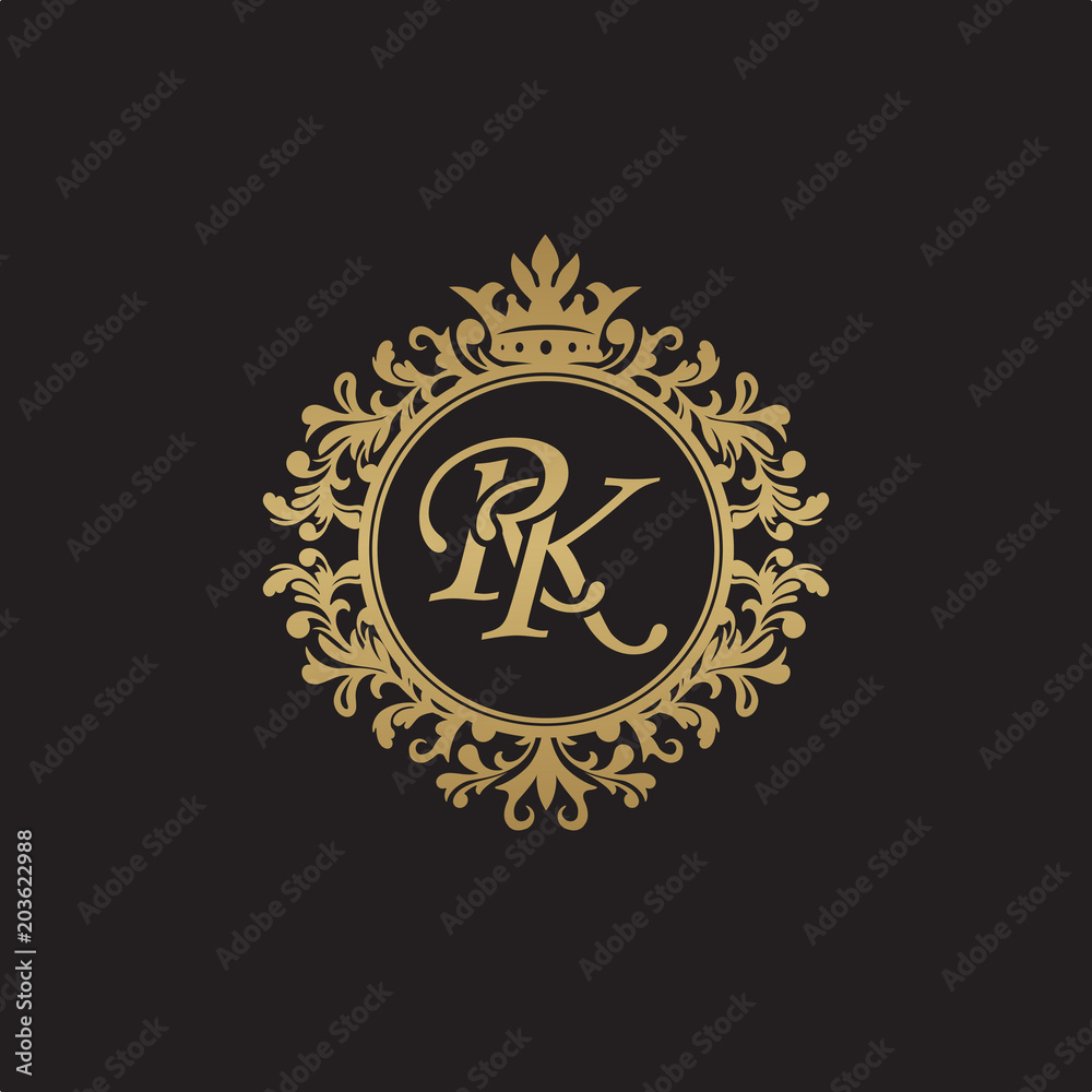 Initial letter RK, overlapping monogram logo, decorative ornament badge ...