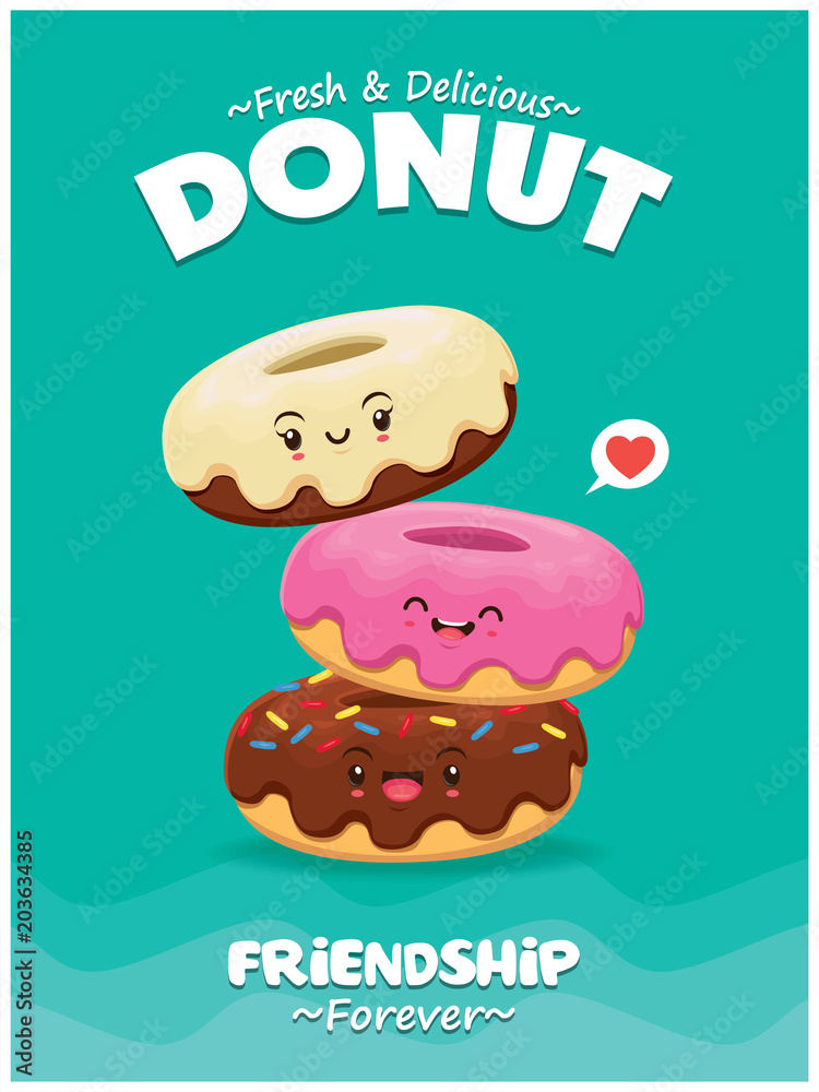 Vintage food poster design with vector donuts characters. Stock Vector ...