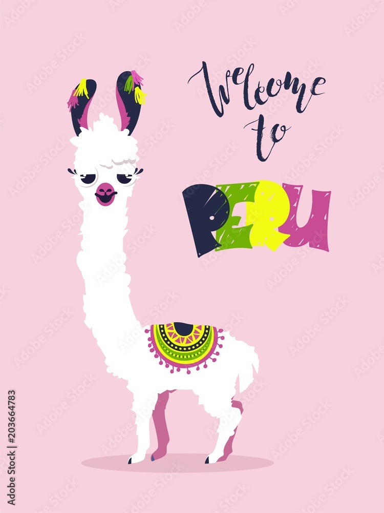 Vetor Welcome to Peru poster with cute cartoon lama and text "Welcome ...