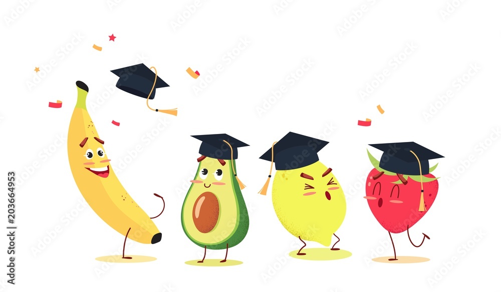 Cute cartoon fruits in graduation caps celebrating graduation. Vector ...