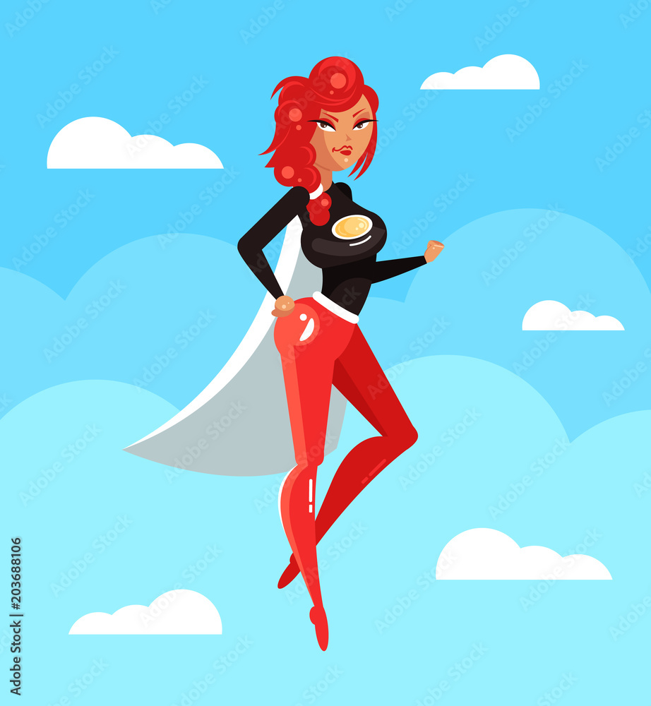 Strong happy smiling woman superhero fly in sky. Super girl concept ...