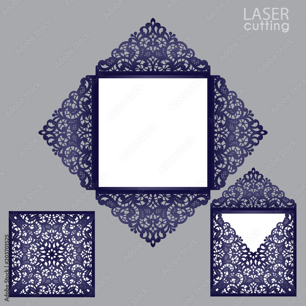 Laser cut square envelope with patterned corners, Template for wedding ...