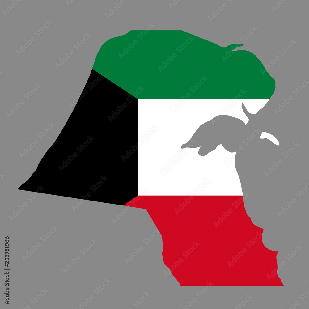 silhouette country borders map of Kuwait on national flag background of ...