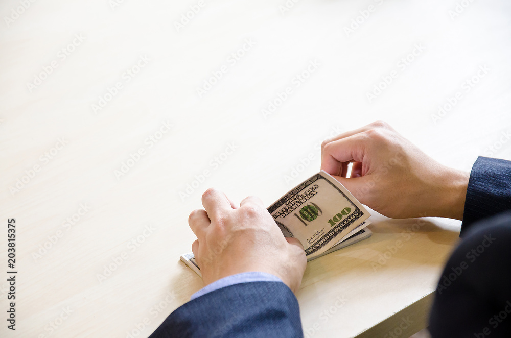 Close Up Business Man Hands Count Hundred Dollar Bills with the copy spcae for label text Stock ...