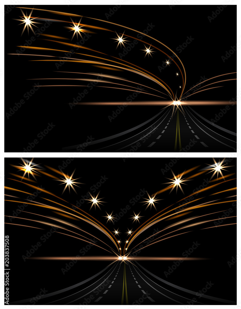 Abstract light effects. Two pictures. Car lanterns. Road in perspective ...
