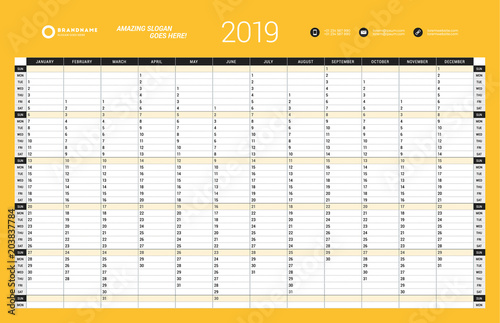 Yearly Wall Calendar Planner Template for 2019 Year. Vector Design ...