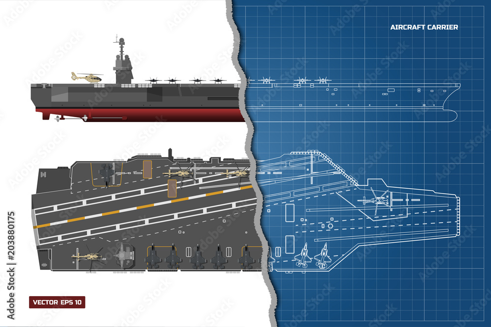 Blueprint of aircraft carrier. Military ship. Top, front and side view ...