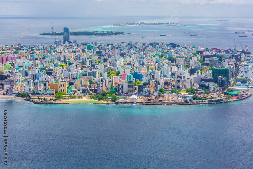 Aerial top view Male capital, Maldivian capital view from above, Male ...
