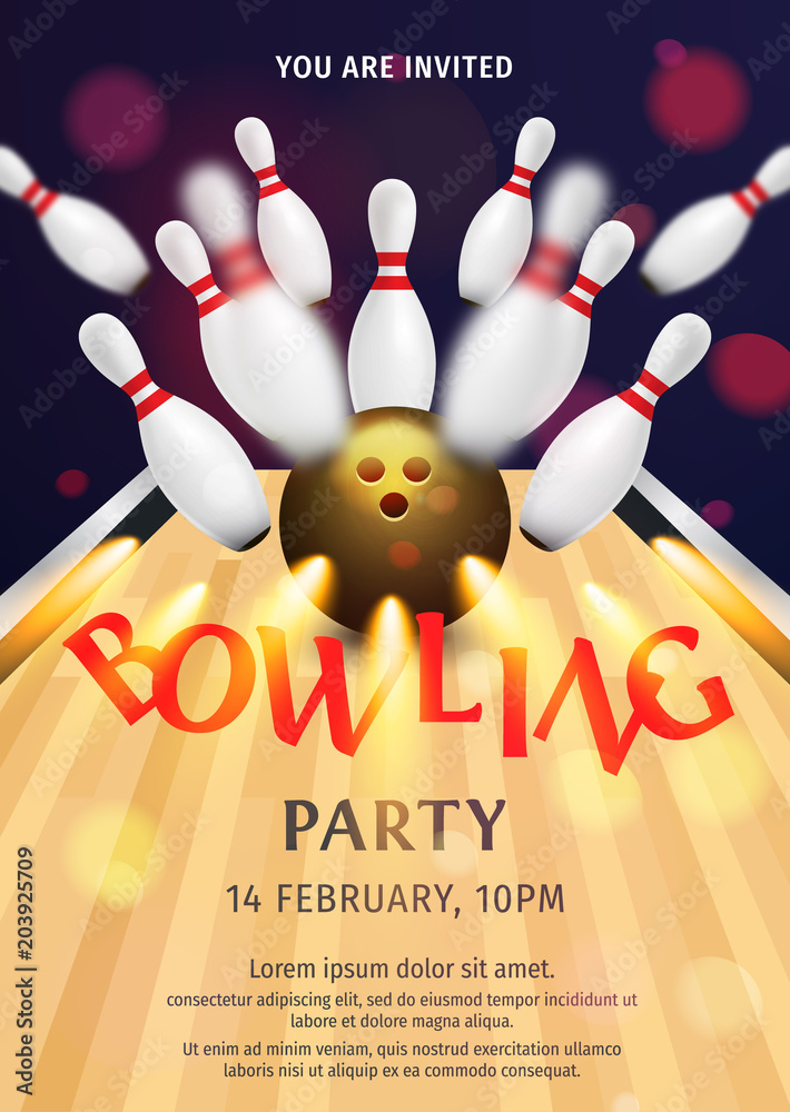 Bowling Party Flyer Template Illustration. Bright Bowling tournament ...
