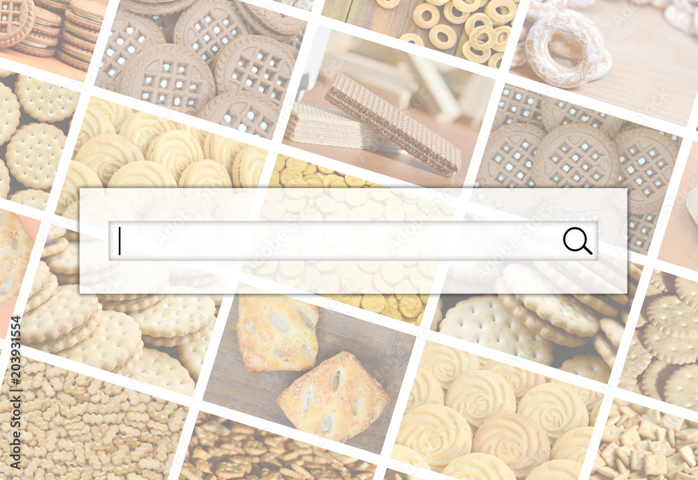 Visualization of the search bar on the background of a collage of many pictures with various ...
