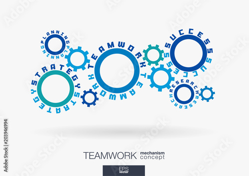 Connected cogwheels concept. Teamwork success, strategy plan, research ...