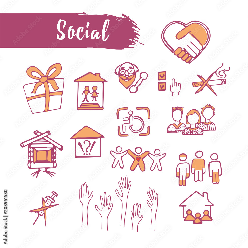 Outline sketched icons set social theme. Line art. Pencil drawing ...