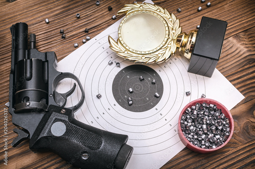 Best shooter award background with copy space. Winner in shooting. Gun ...