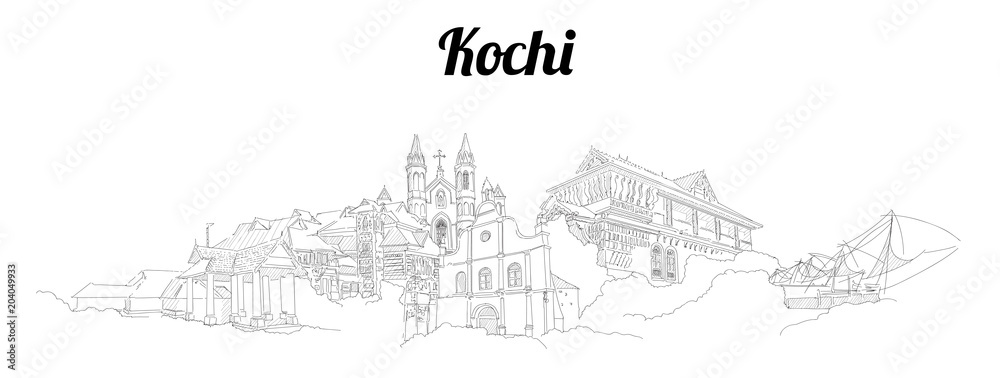 Kochi city vector panoramic hand drawing sketch illustration Stock ...