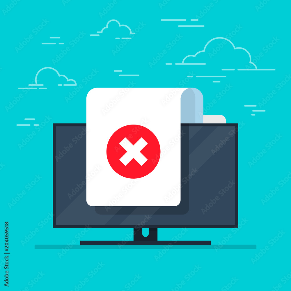 Document and cross vector icon on monitor background. Concept or ...