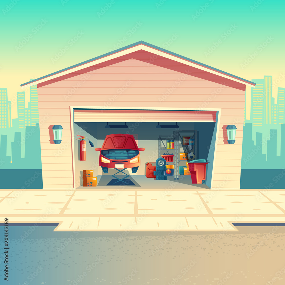 Vector cartoon mechanic workshop with car. Repairing or fixing vehicle ...