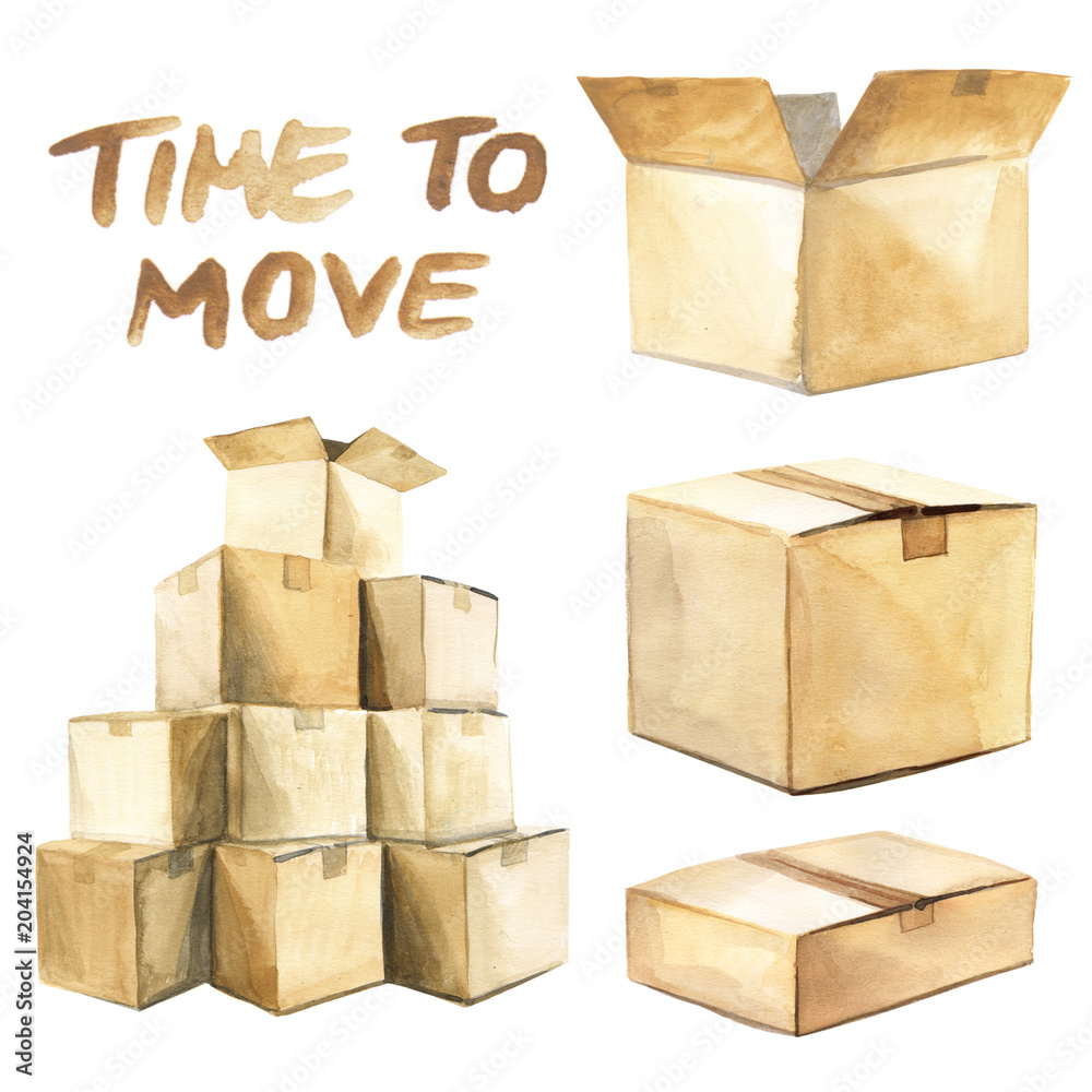 Watercolor moving brown carton boxes for transportation of furniture ...
