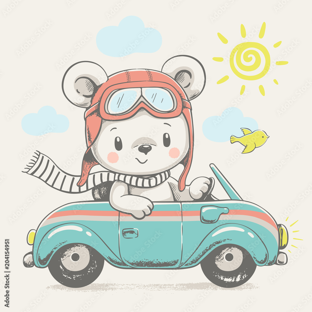 Cute bear driving the car cartoon hand drawn vector illustration. Can ...