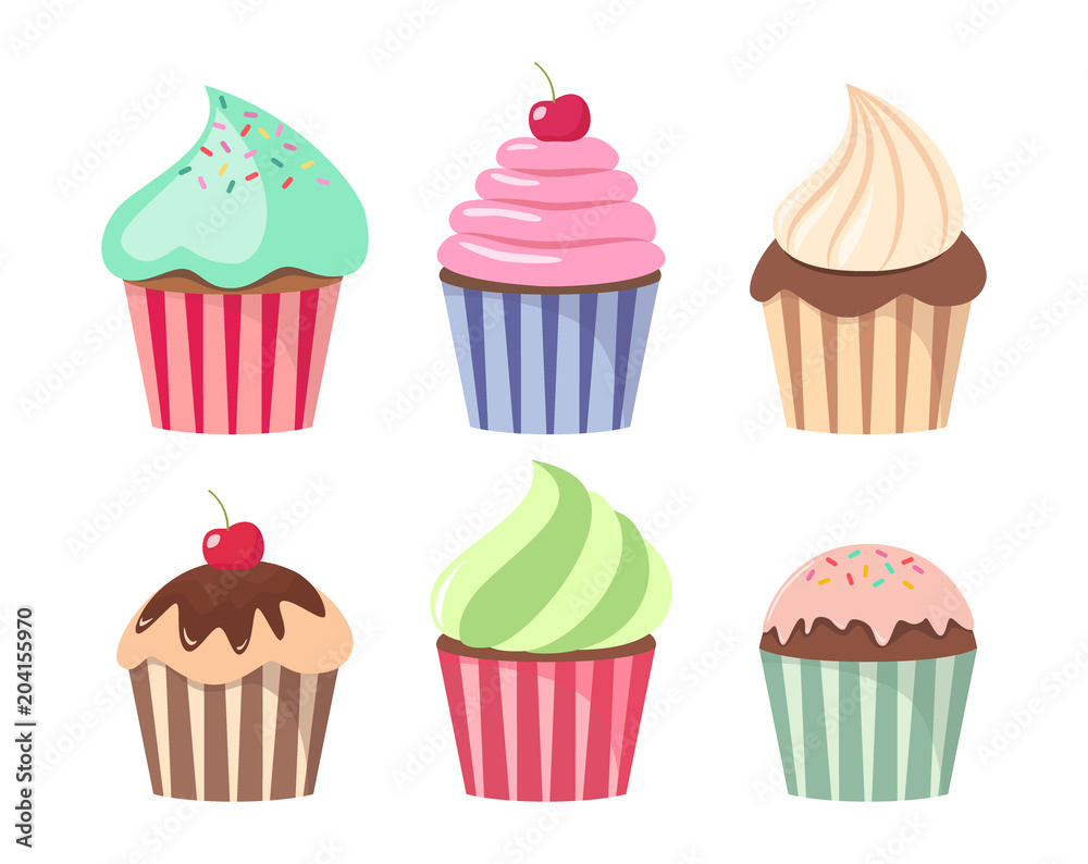 Cartoon cupcake set. Colorful cupcakes cartoons. Stock Vector | Adobe Stock