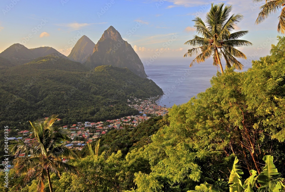 Foto de Stock Tropical landscape with view of the village and the two ...