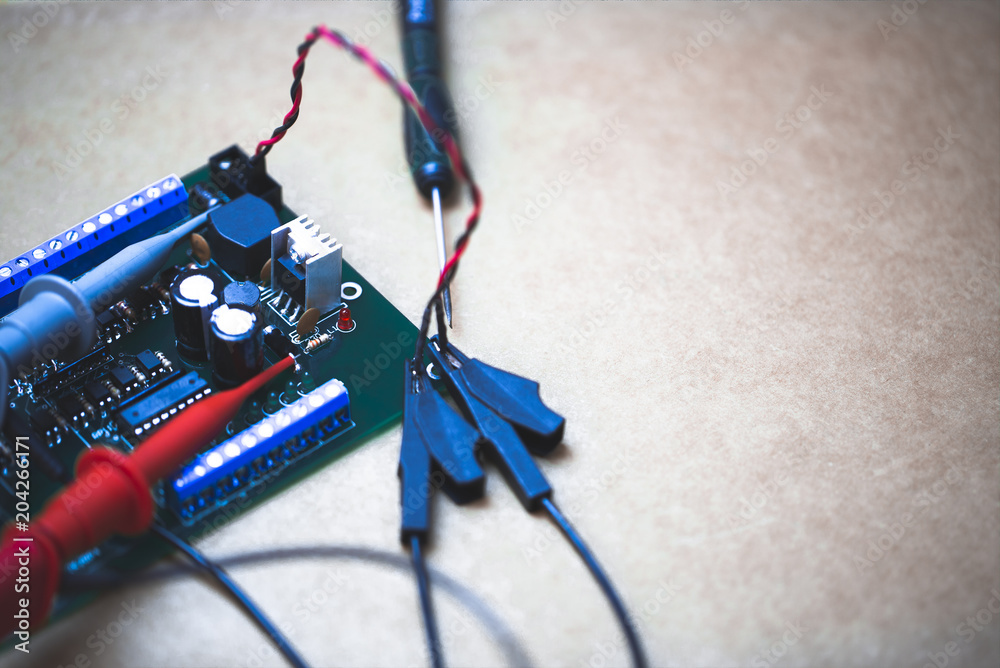 Repair Work Of Electronic Circuit Bord With Oscilloscope Probe Connect ...