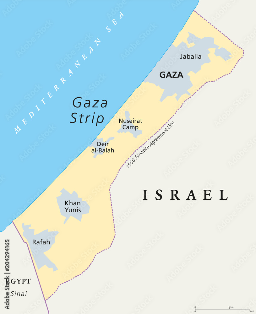 Gaza Strip political map. Self governing Palestinian territory on the ...
