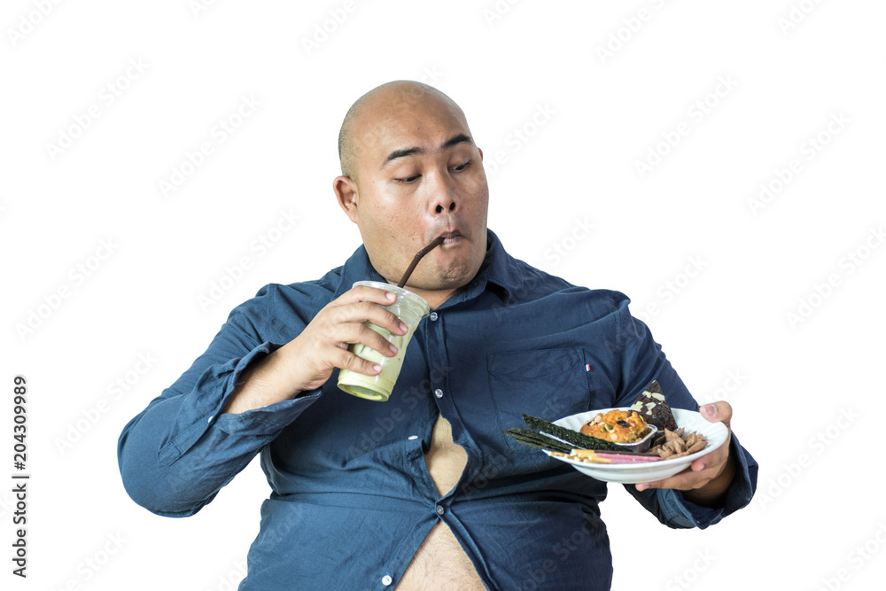 fat man eating, portrait of overweight person feels hungry and eating ...