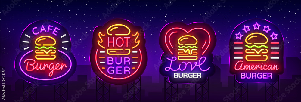 Burger Cafe set of neon signs. Fastfood burger sandwich collection ...