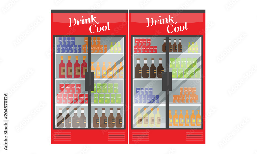 Refrigerated supermarket display case full with multiple drinks and ...