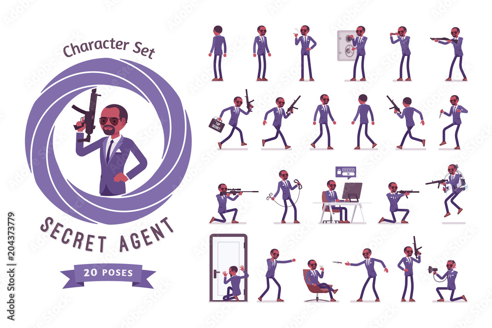 Secret agent black man, gentleman spy ready-to-use character set Stock ...