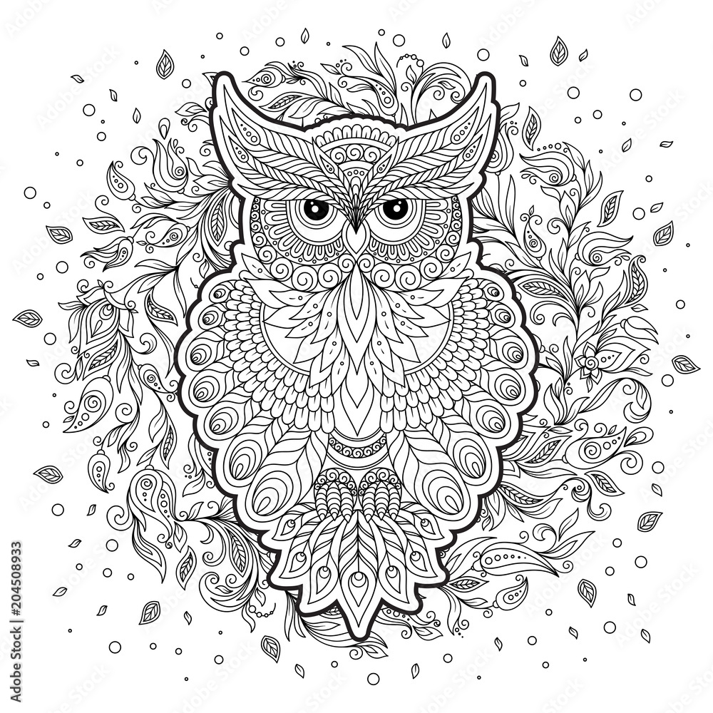 Coloring page with cute owl and floral frame. Stock Vector | Adobe Stock