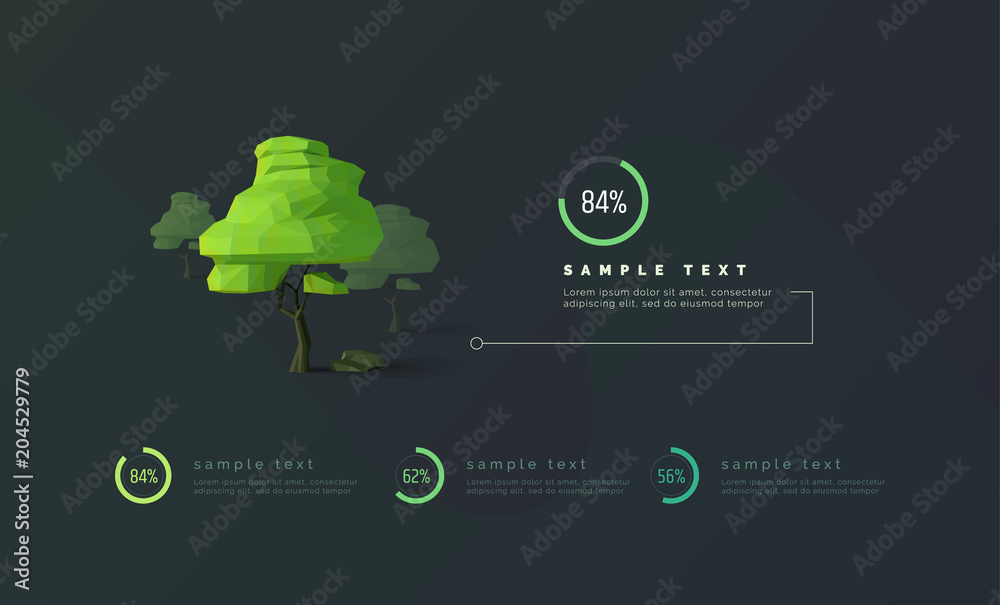 Eco infographics with low poly trees. Diagrams, percentages, progress ...