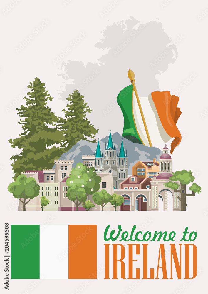 Ireland vector illustration with landmarks, irish castle, green fields ...