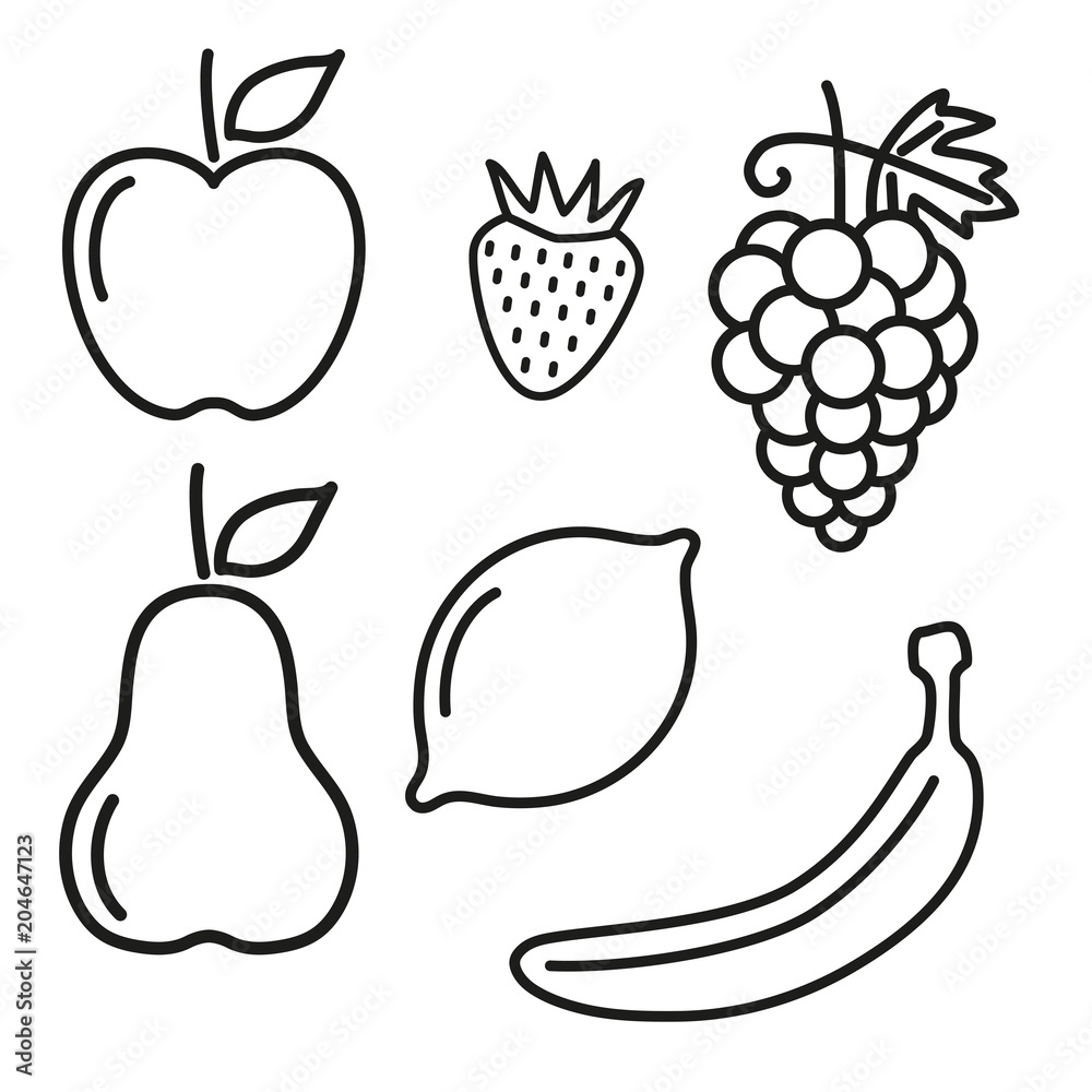 Set of fruit outlines. Apple, pear, strawberry, grapes, lemon, banana ...