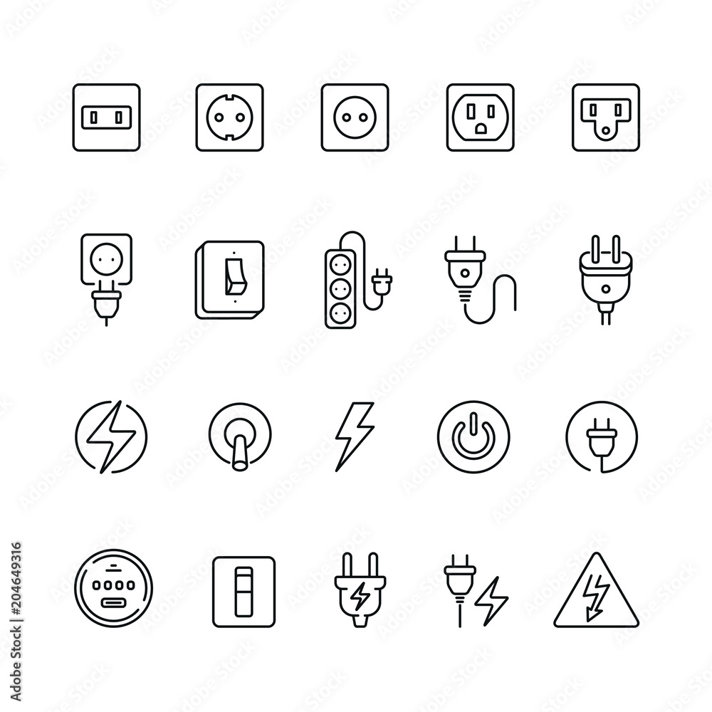 Electrical outlets and switches: thin vector icon set, black and white ...
