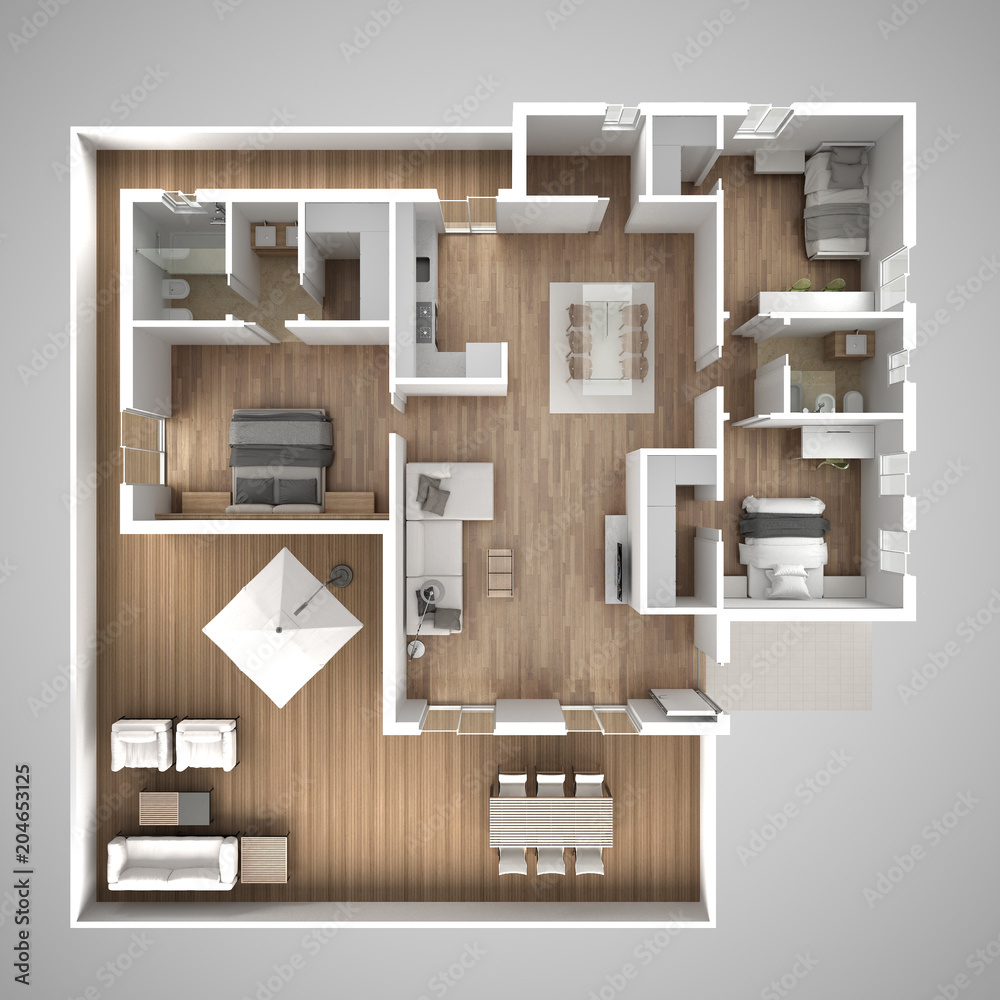 Apartment flat top view, furniture and decors, plan, cross section ...
