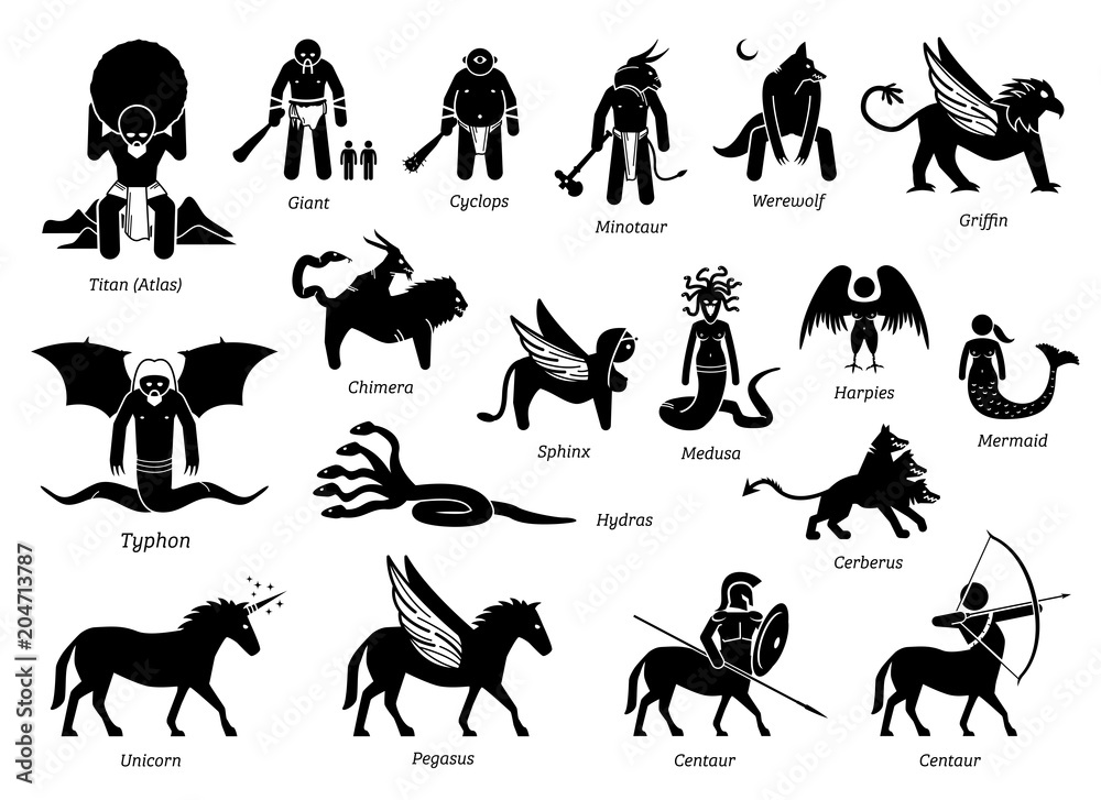 Ancient Greek Mythology Monsters and Creatures Characters Icon Set ...