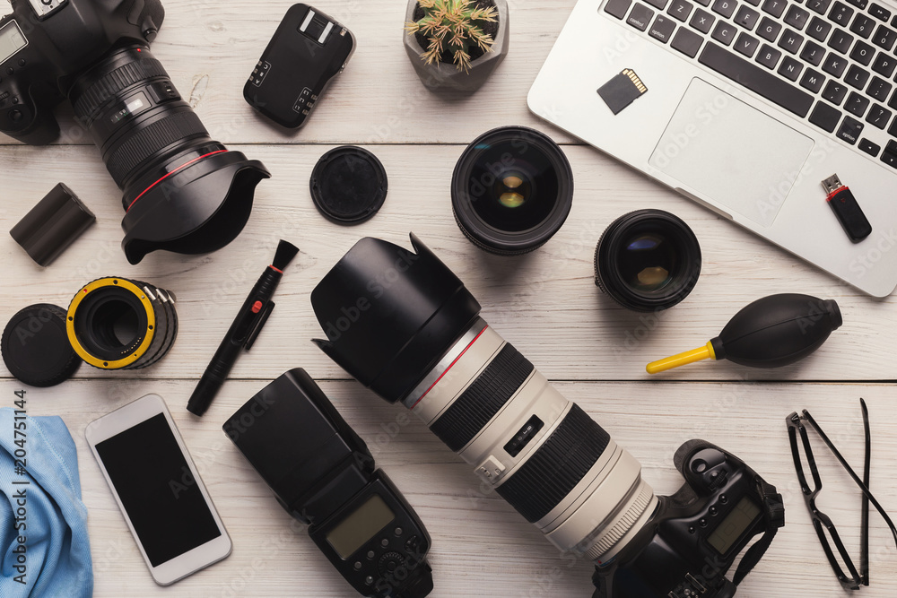 Diverse personal equipment for photographer Stock Photo | Adobe Stock