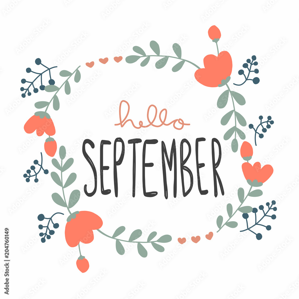 Hello September cute flower wreath vector illustration doodle style ...