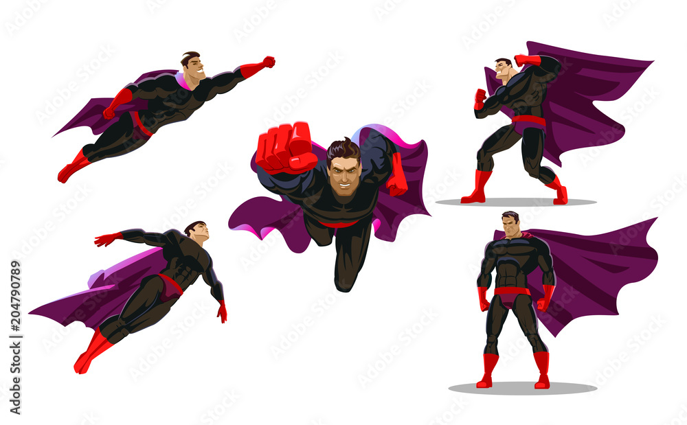 Comic superhero actions in different poses. Male super hero vector ...