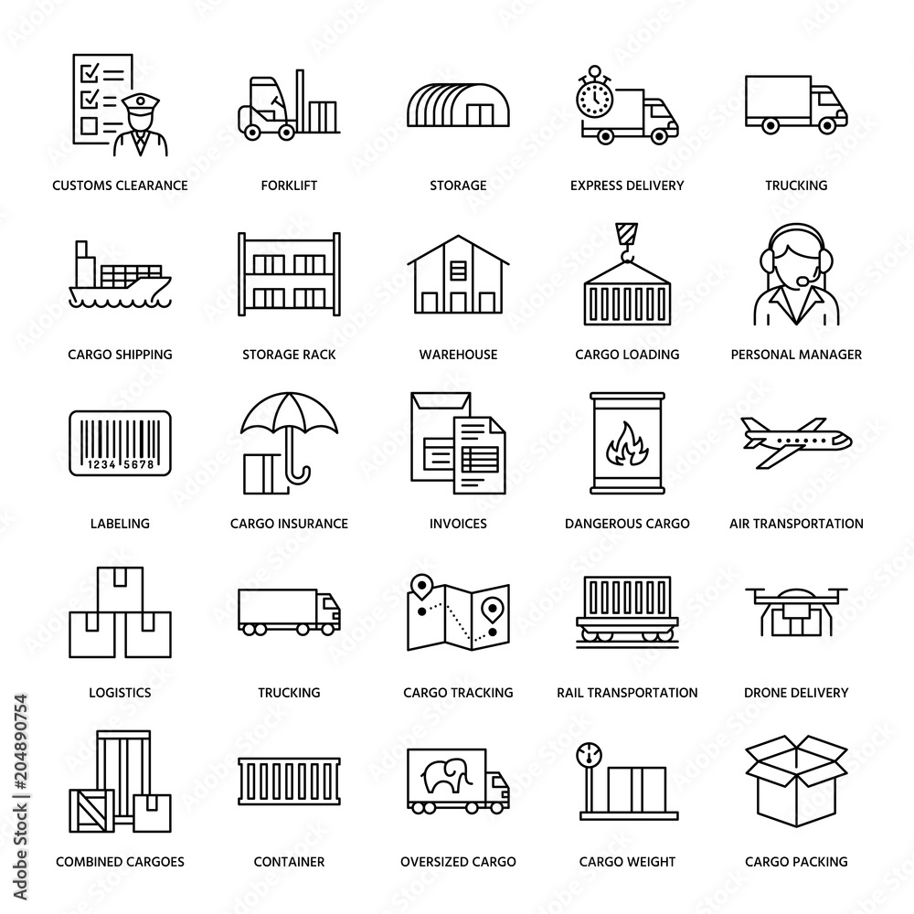 Cargo transportation flat line icons. Trucking, express delivery ...