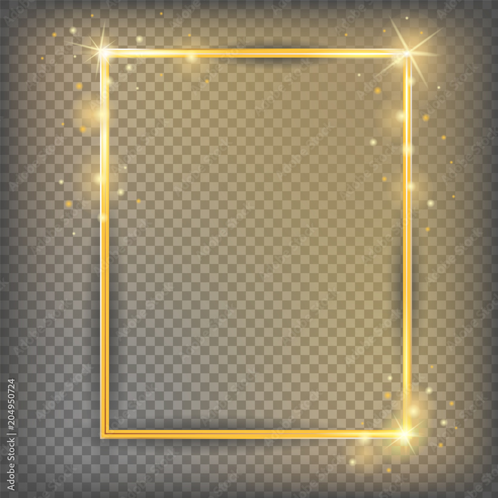 The gold sparkling square frame on a transparent background. Shiny ...