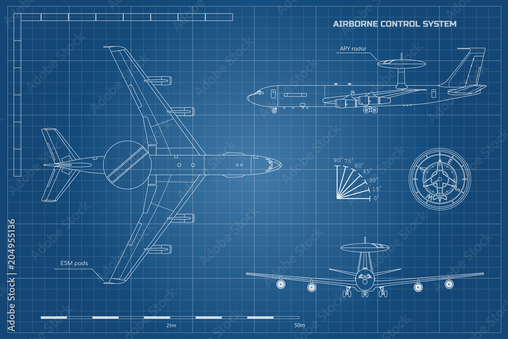 Outline blueprint of military aircraft. Top, front and side jet view ...