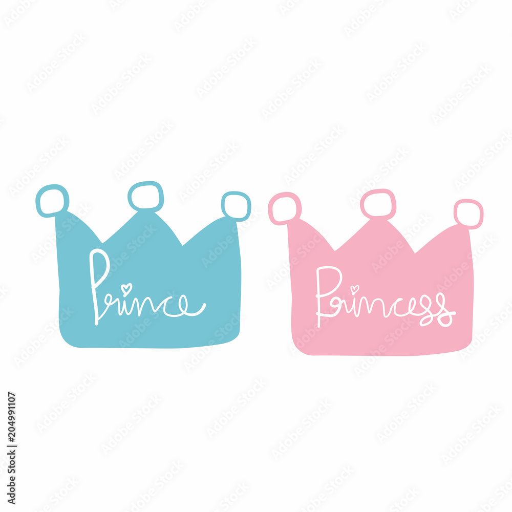 Prince and princess crown cartoon pink and blue pastel vector ...