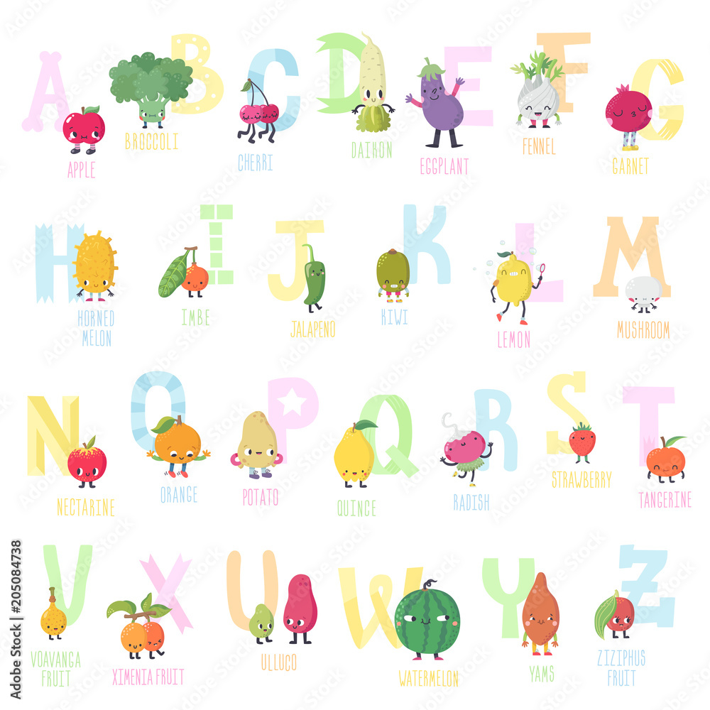 Cute cartoon live fruits and vegetables vector alphabet. Stock Vector ...