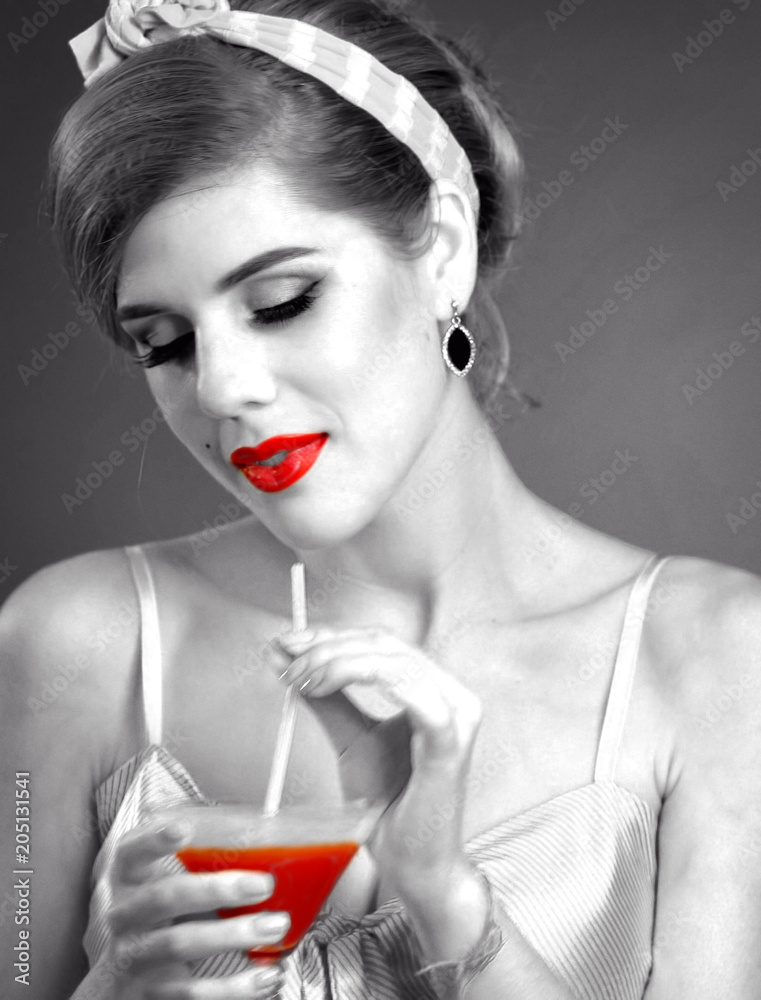 Pin up girl drink bloody Mary cocktail. Pin-up retro female style. Girl ...