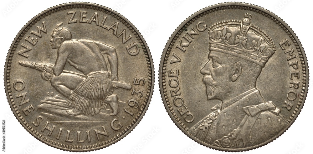 Photo Stock New Zealand coin one shilling 1935, native with spear left, bust of King George V in ...